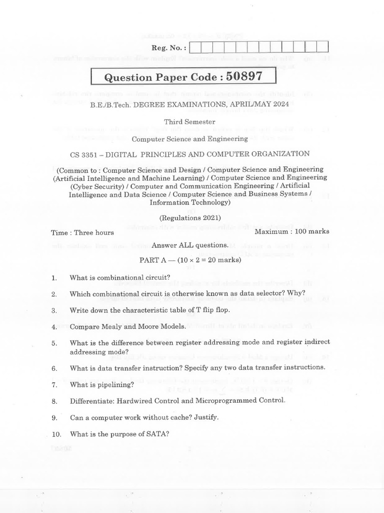 CSE-AM-2024-CS 3351-Digital Principles and computer organization-936914899-50897 | PDF