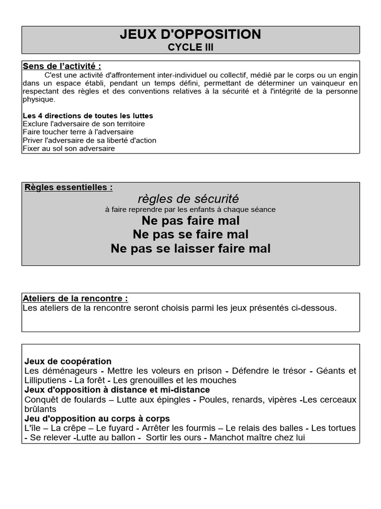 Jeux d'opposition Cycle 3 | PDF
