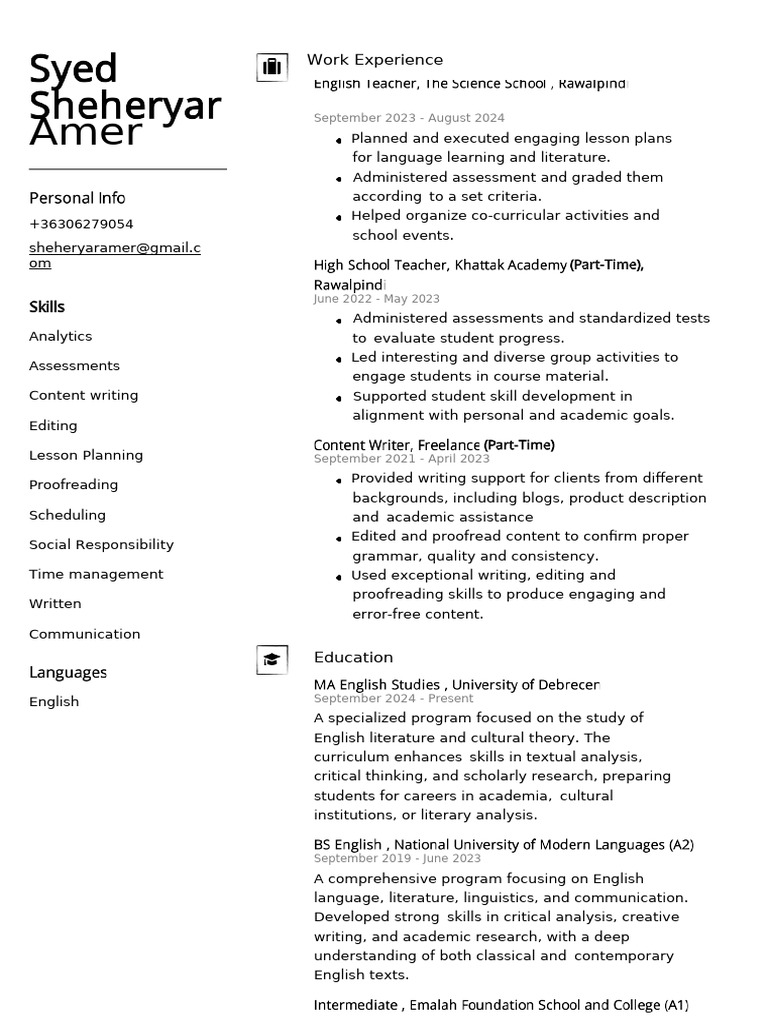 CV - Syed Sheheryar Amer | PDF | English Studies | Critical Thinking