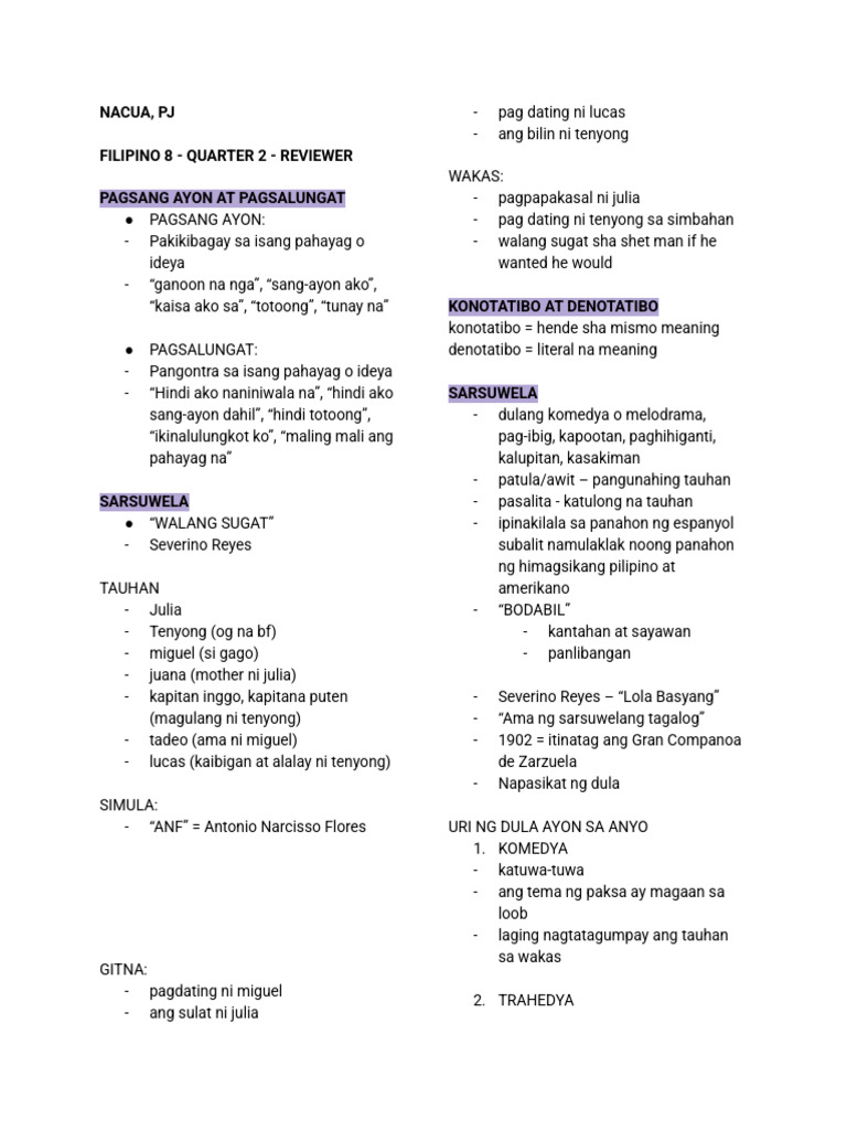 Filipino 8 - Quarter 2 - Reviewer | PDF