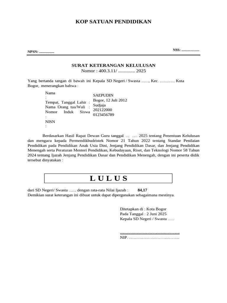 Surat Keterangan Lulus SD 2025 | PDF