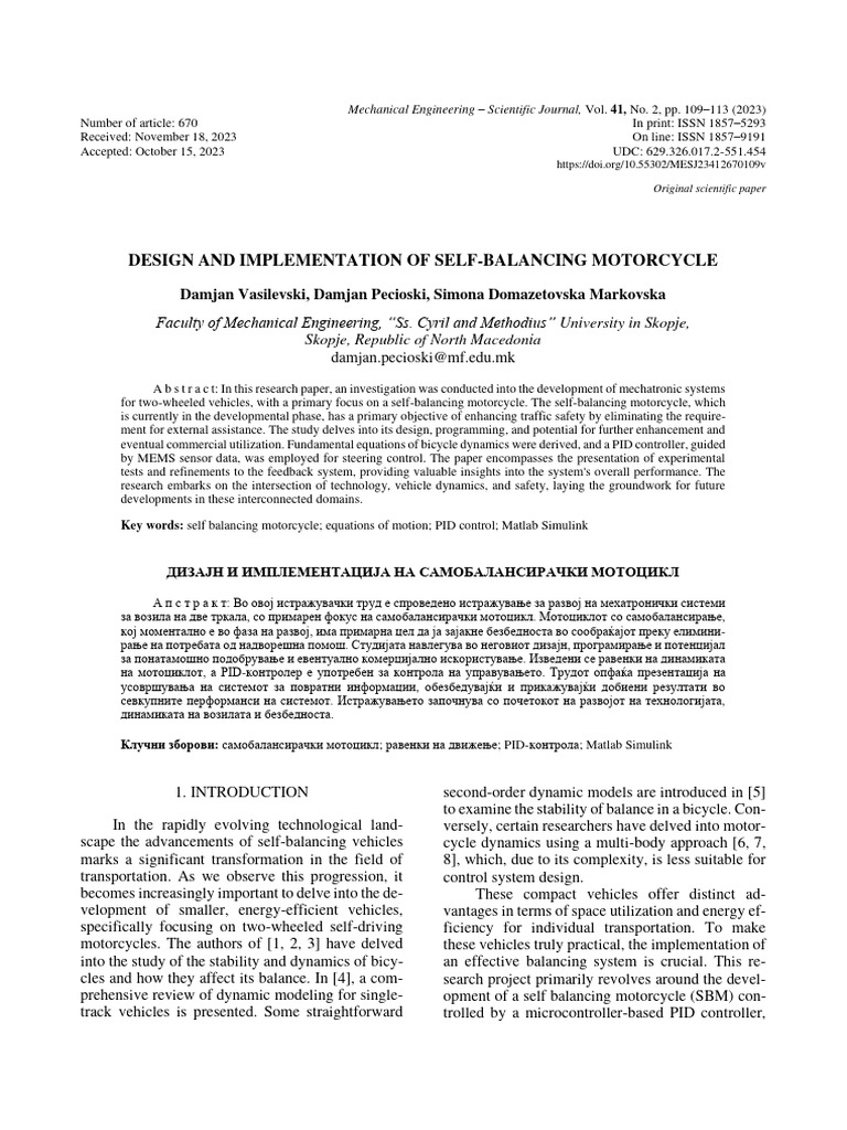 Self-Balancing Motorcycle Design Study | PDF | Motion (Physics) | Mechanics