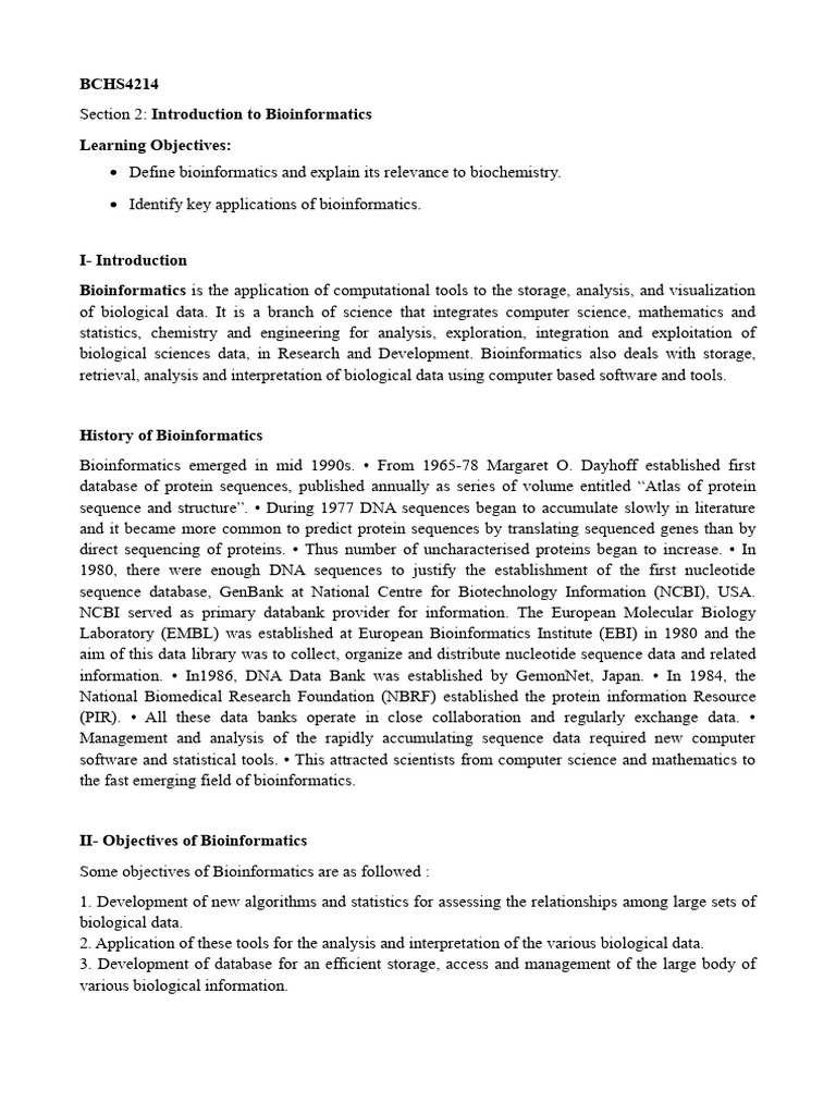 Introduction To Bioinformatics - BCHS 4214 | PDF | Bioinformatics | Sequence Alignment