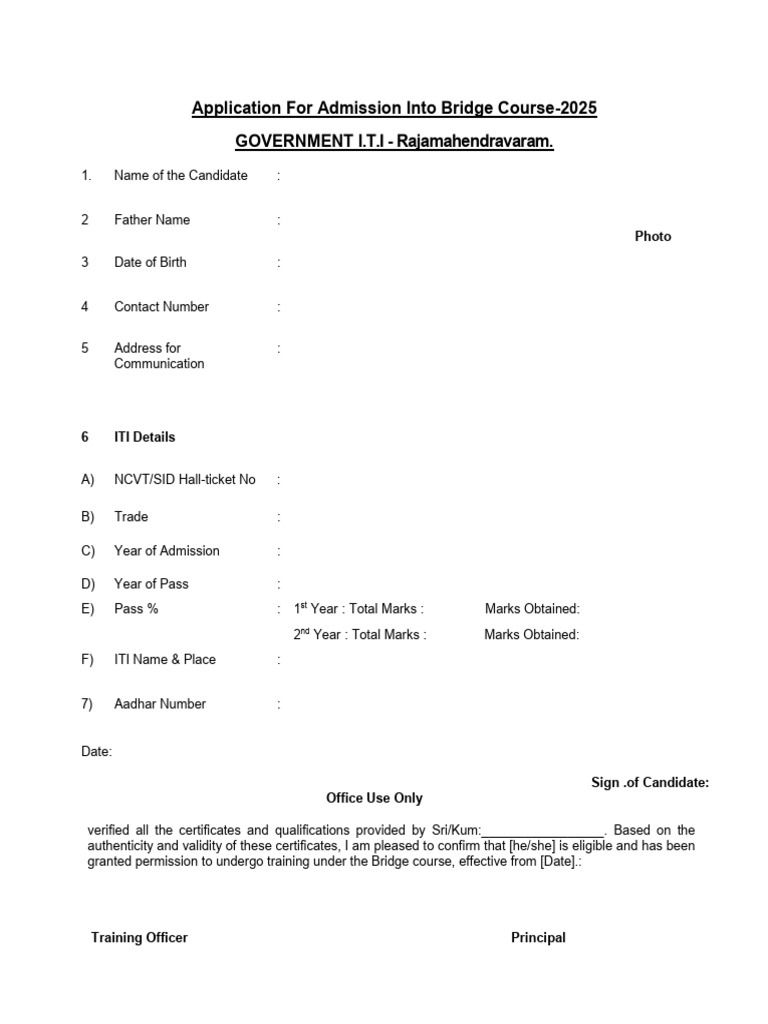 Bridge Course Admission Form 2025 | PDF
