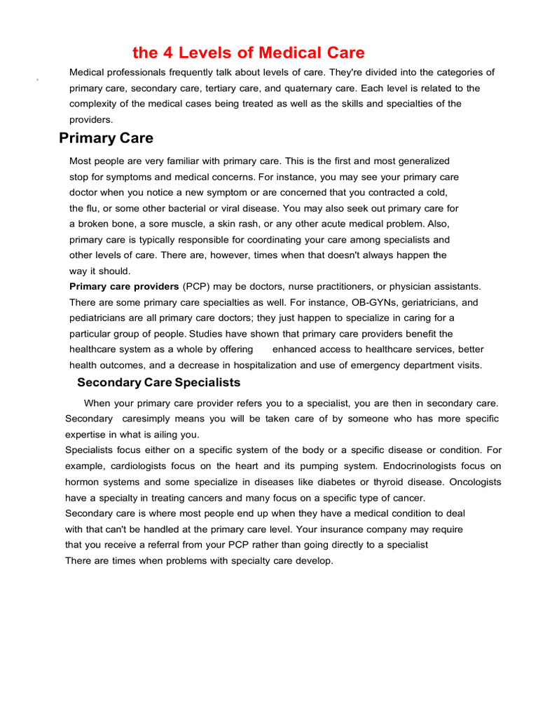 Primary, Secondary, Tertiary and Quaternary Care | PDF | Primary Care | Health Care