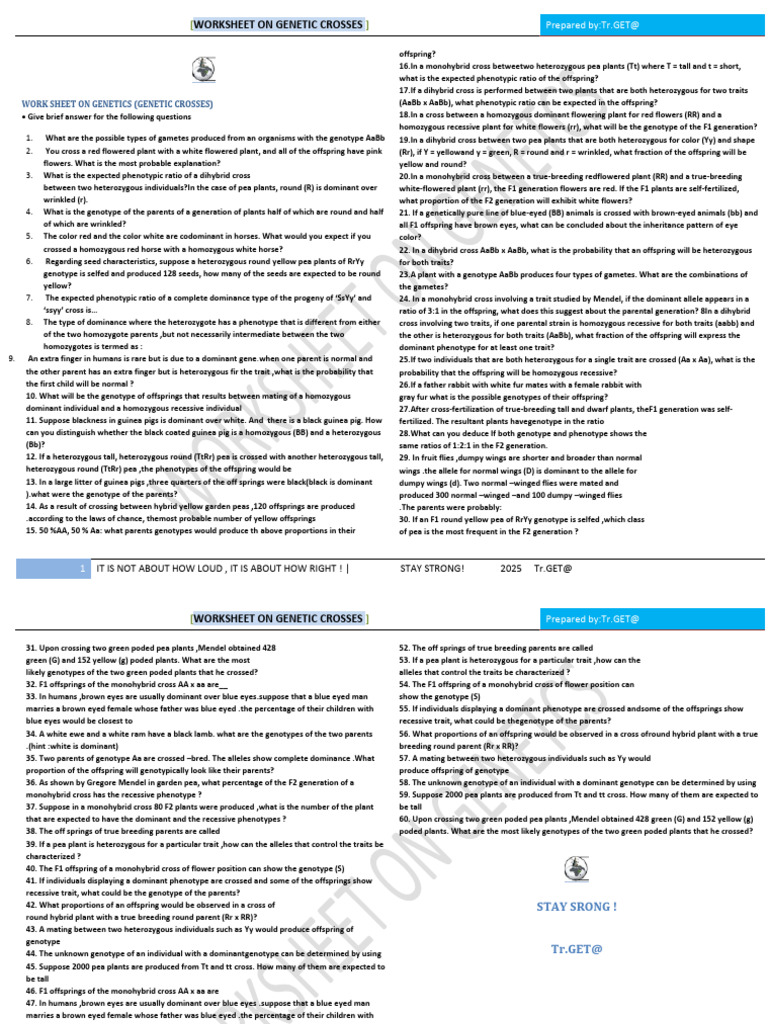 Genetic Crosses Worksheet | PDF | Dominance (Genetics) | Genotype