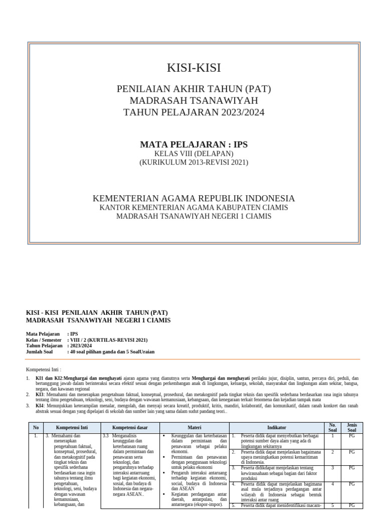 Kisi-Kisi IPS Kelas 8 PAT Tahun 2023-2024 | PDF