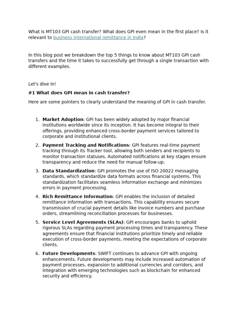 What Is MT103 GPI Cash Transfer | PDF | Regulatory Compliance | Cash