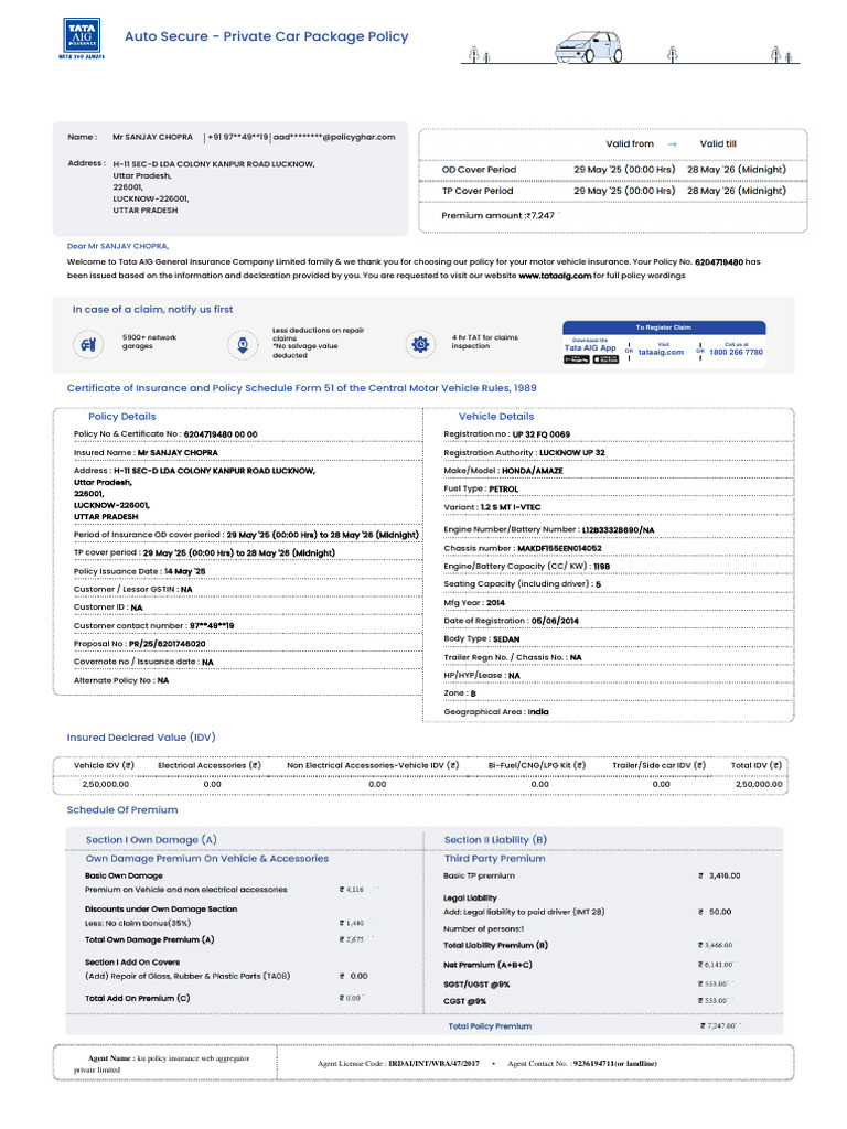 Sanjay Sir TATAaig D Policy | PDF | Insurance | Receipt