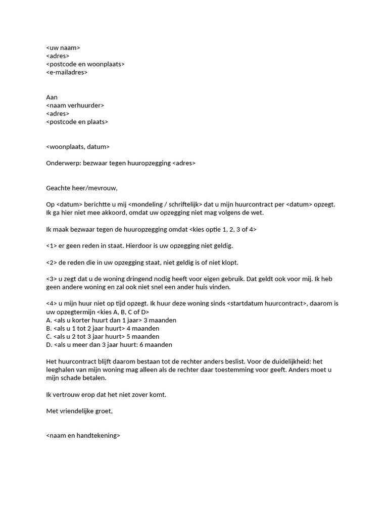Voorbeeldbrief Bezwaar Tegen Huuropzegging 91cc385463 | PDF