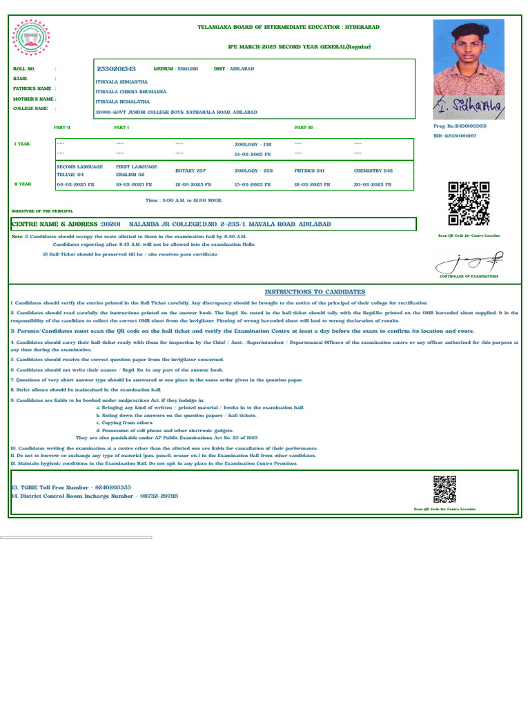 Telangana IPE 2025 Exam Hall Ticket | PDF