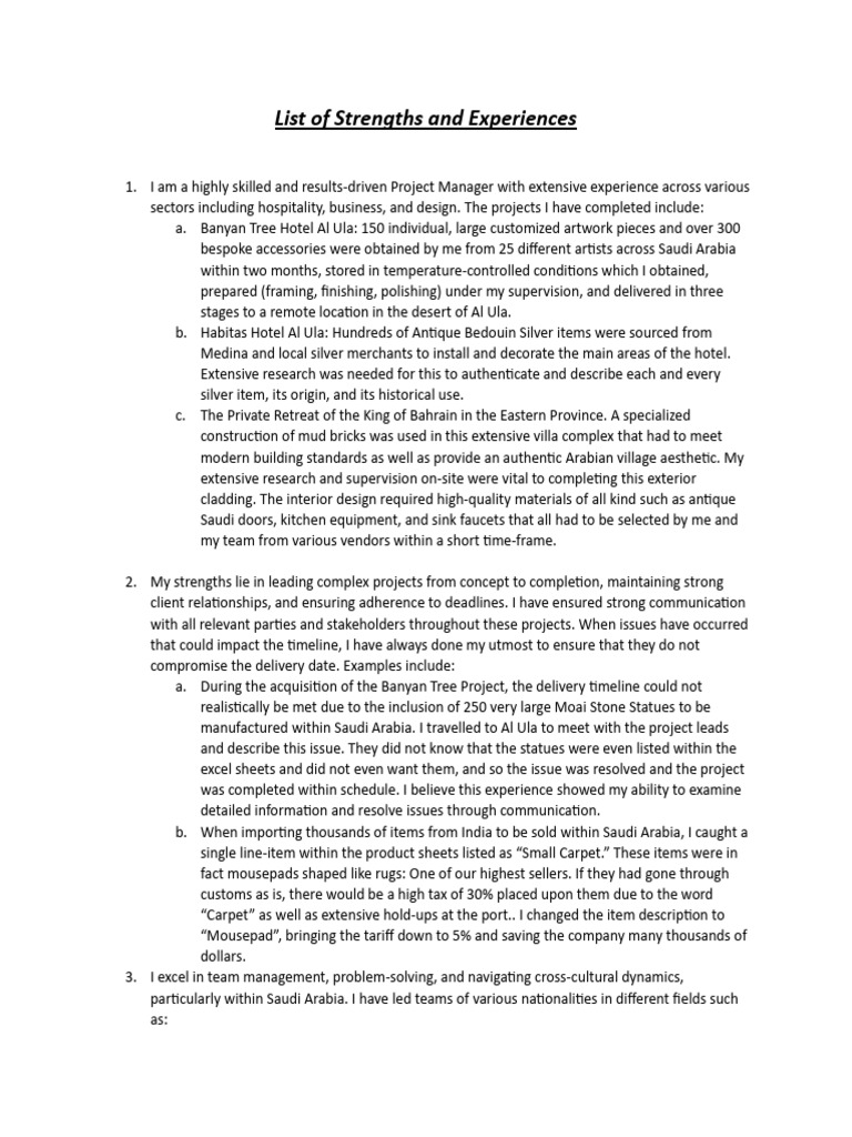 List of Strengths and Experiences | PDF