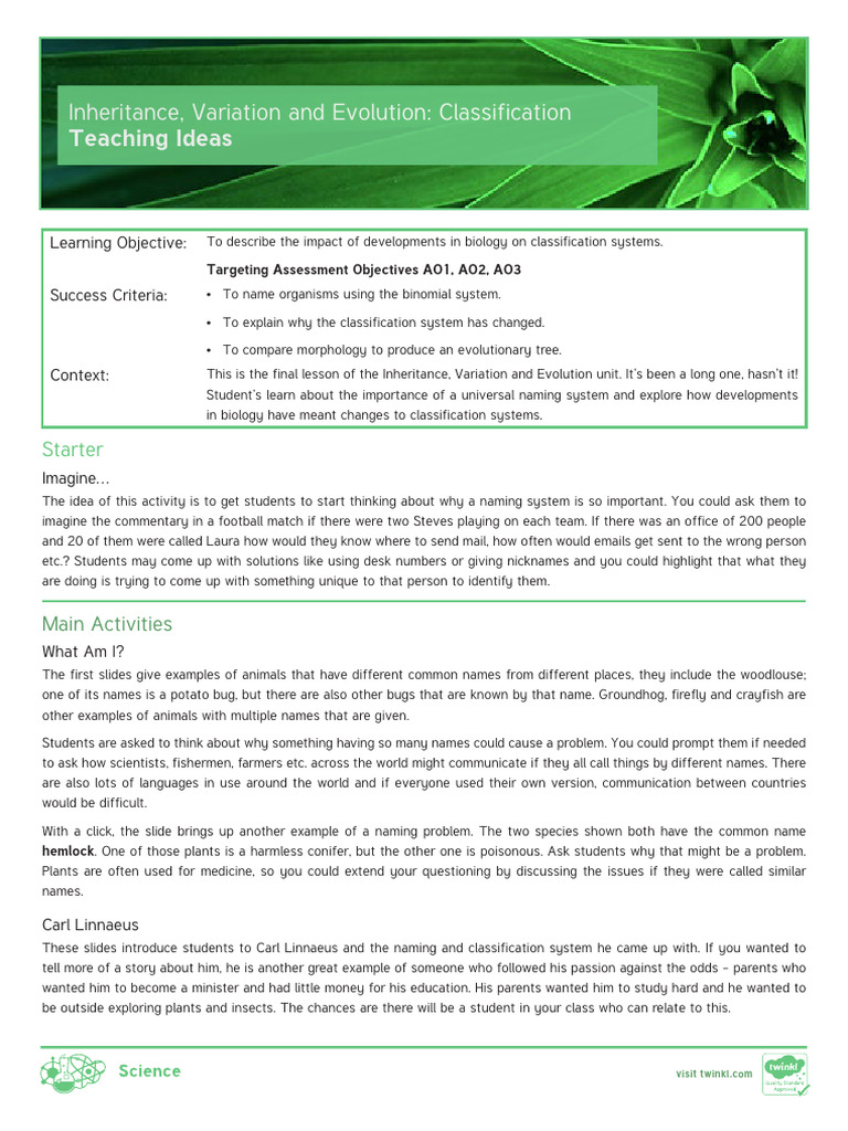Inheritance V & E Lesson 15 Teaching Ideas | PDF | Evolution | Taxonomy ...