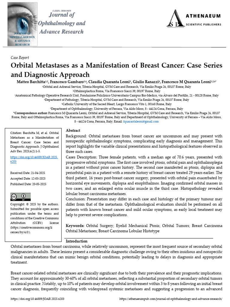 Orbital Metastases As A Manifestation of Breast Cancer Case Series and Diagnostic Approach | PDF ...