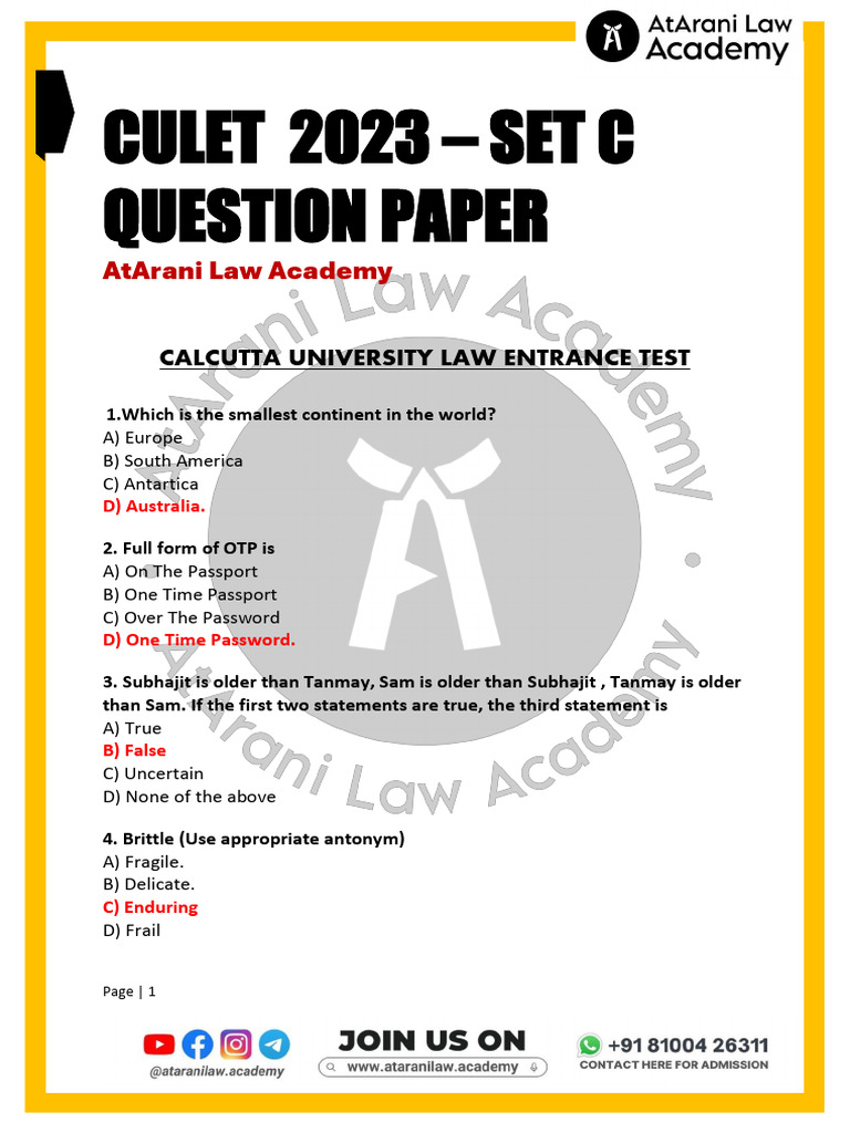 CULET 2023 PYQ AtArani Law Academy | PDF | Mens Rea