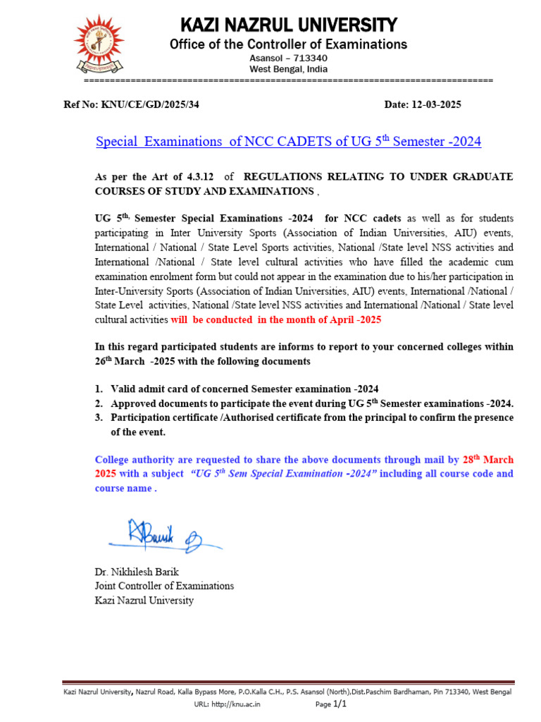 Notice _for NCC,NSS CADETS Special Examinations for UG 5th SEM -24 | PDF