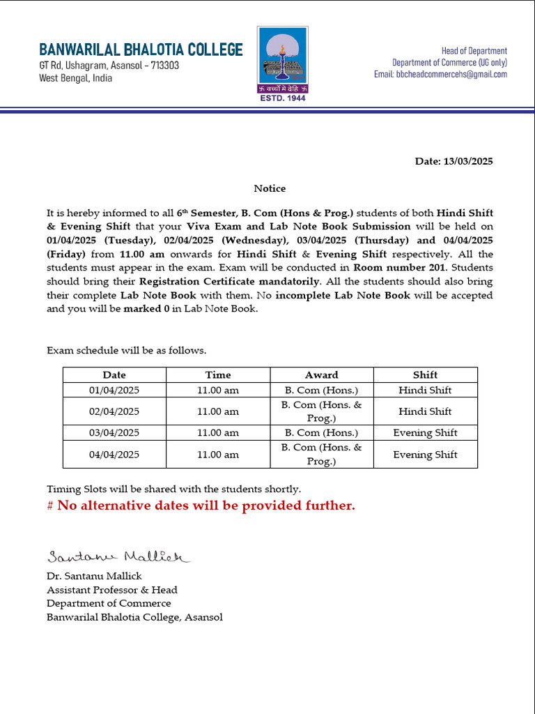 Notice of Internal Practical Exam 6th Semester (2025) - Lab Note Book ...