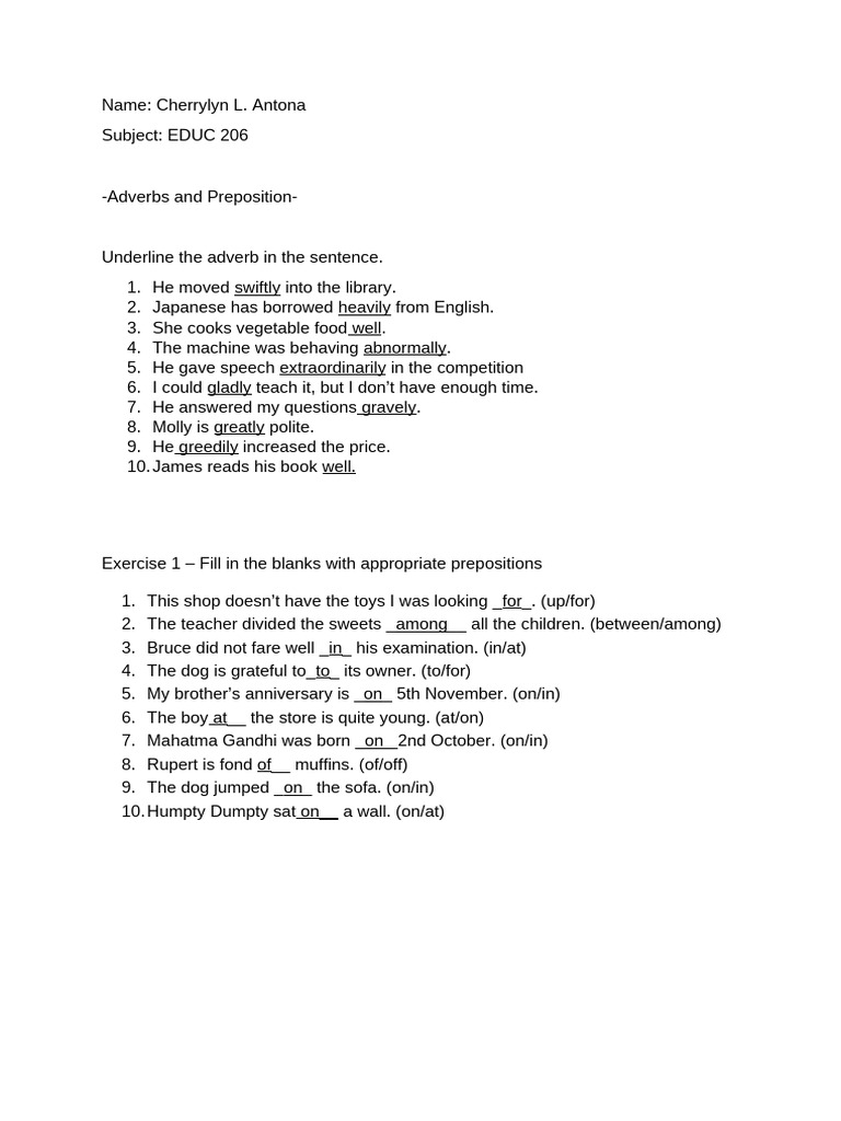 Adverbs and Preposition Chapter 1 | PDF