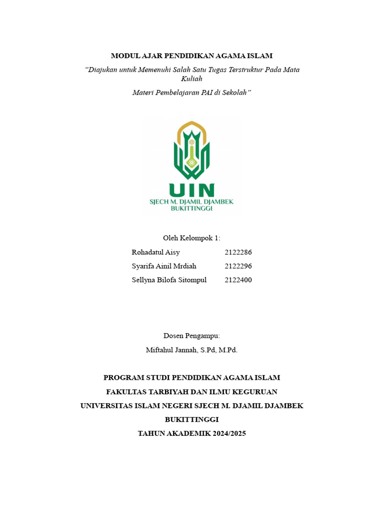 Modul Ajar MP PAI Di Sekolah Kelompok 1 | PDF