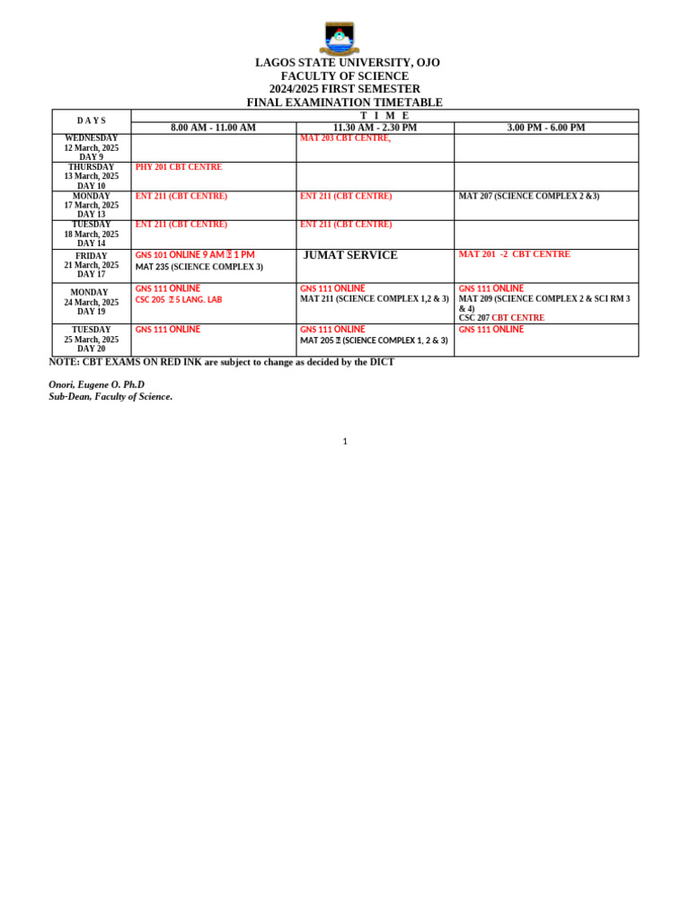 Mathematics Dept Only 1ST Semester Timetable | PDF