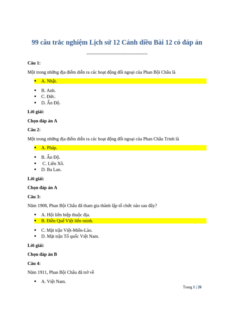 99 Cau Trac Nghiem Lich Su 12 Canh Dieu Bai 12 Co Dap An - 2025 - 04 - 27 | PDF
