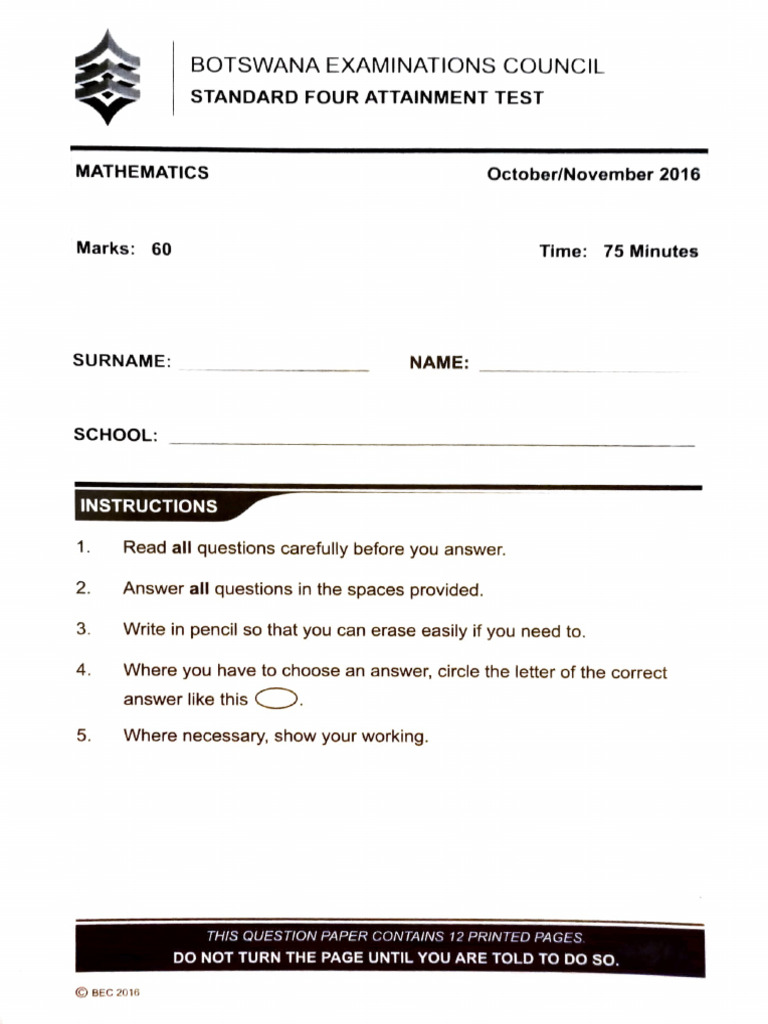Mathematics Attainment Test 2016 | PDF | Area | Elementary Geometry