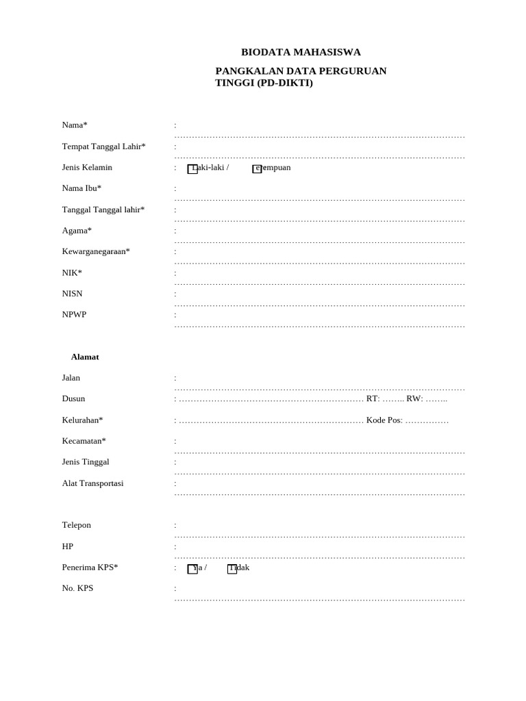 Format Biodata Diri PDDIKTI | PDF