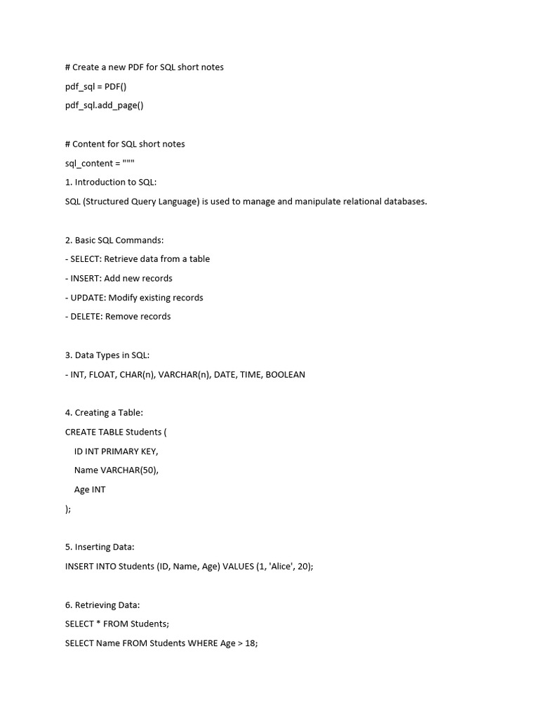 Create a new PDF for SQL short notes | PDF