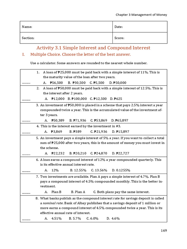 Simple vs Compound Interest Quiz | PDF | Interest | Compound Interest
