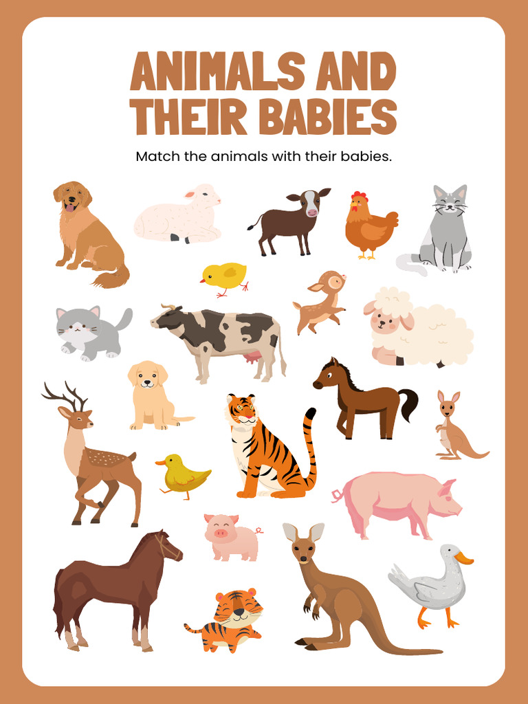 Animals and Their Babies Brown White English Matching Worksheet ...