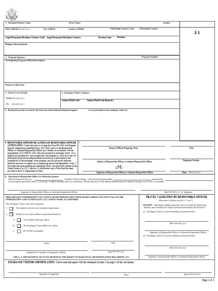 Exchange Visitor Certification Form DS-2019 | PDF | Travel Visa