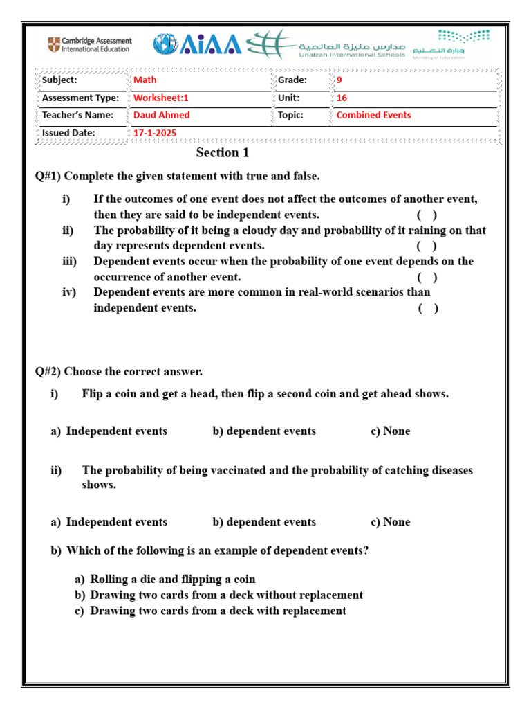 Worksheet#1 Unit 16 Grade 9 | PDF | Probability | Probability Theory