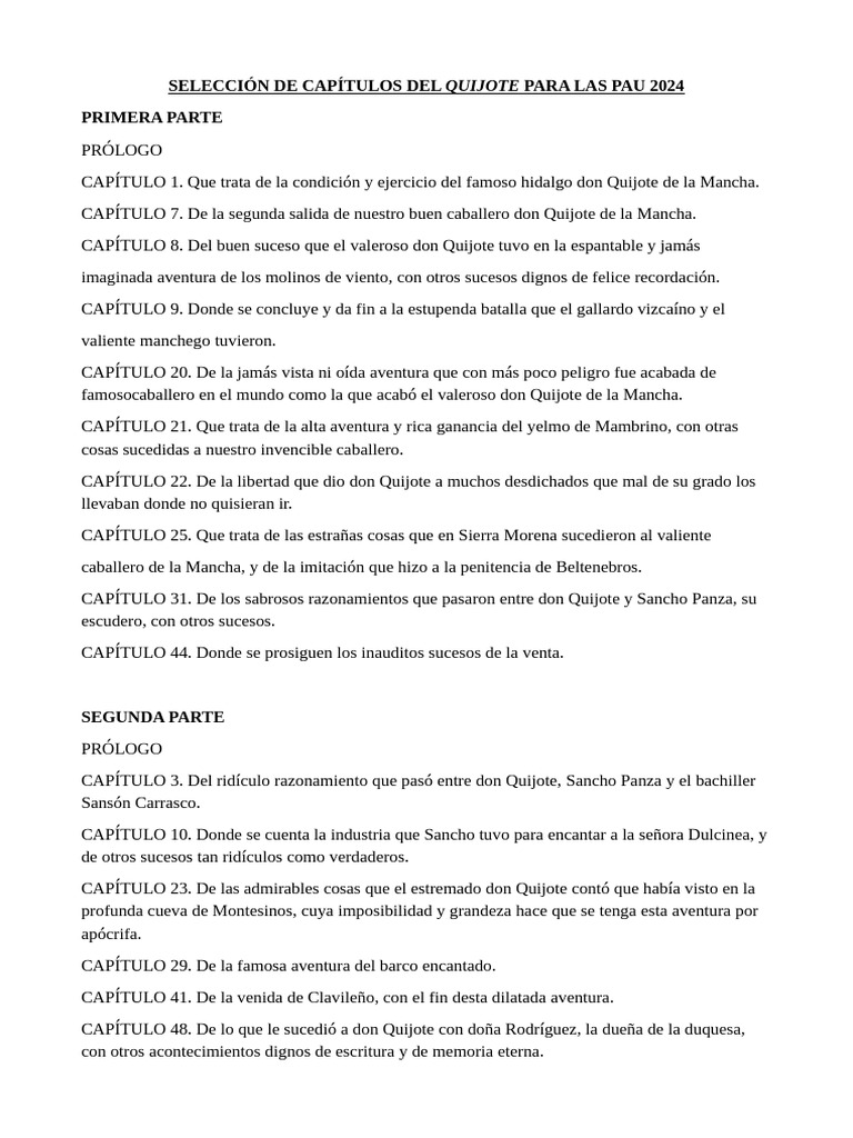 Capítulos Clave del Quijote para PAU 2024 | PDF | Don Quijote | Don ...