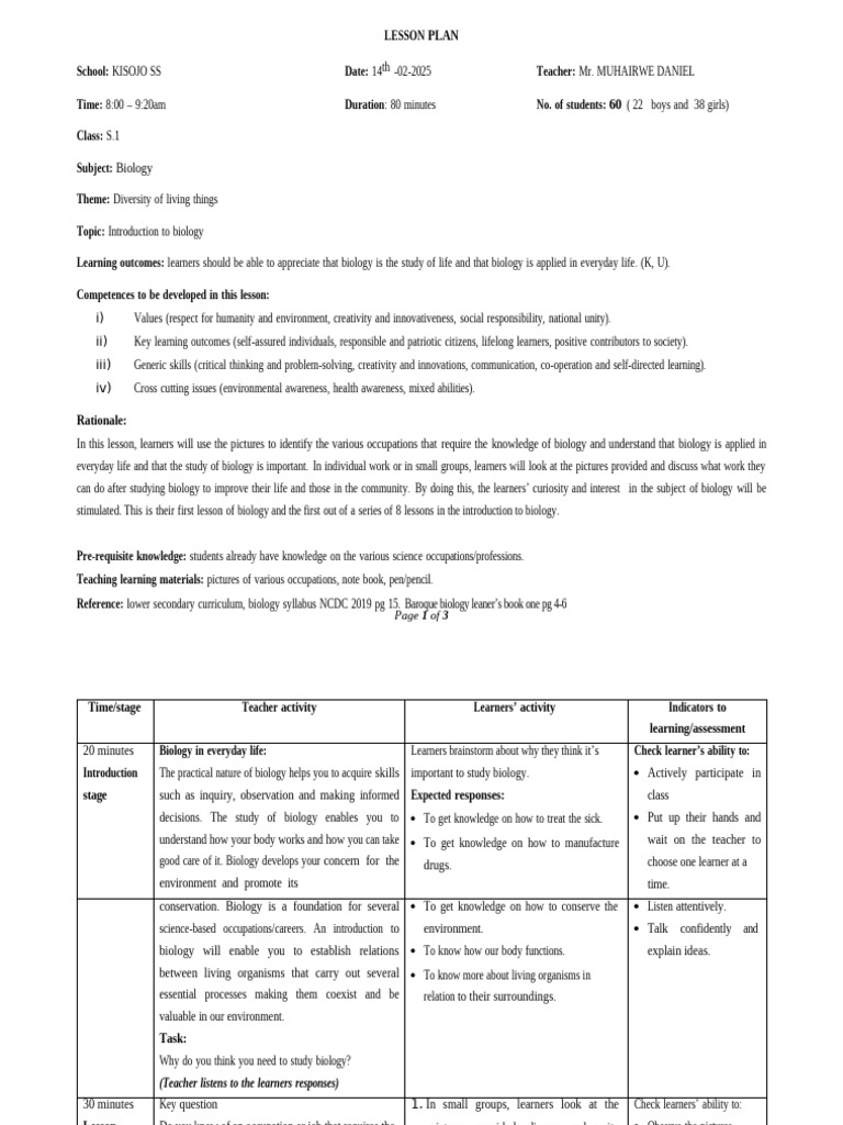Biology Lesson Plan DANIEL | PDF | Learning | Knowledge