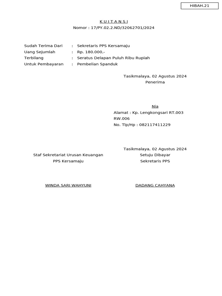 Format Hibah.21 - Kuitansi | PDF
