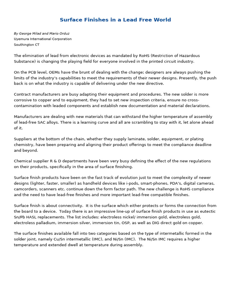 Surface Finishes in A Lead Free World | PDF | Solder | Soldering