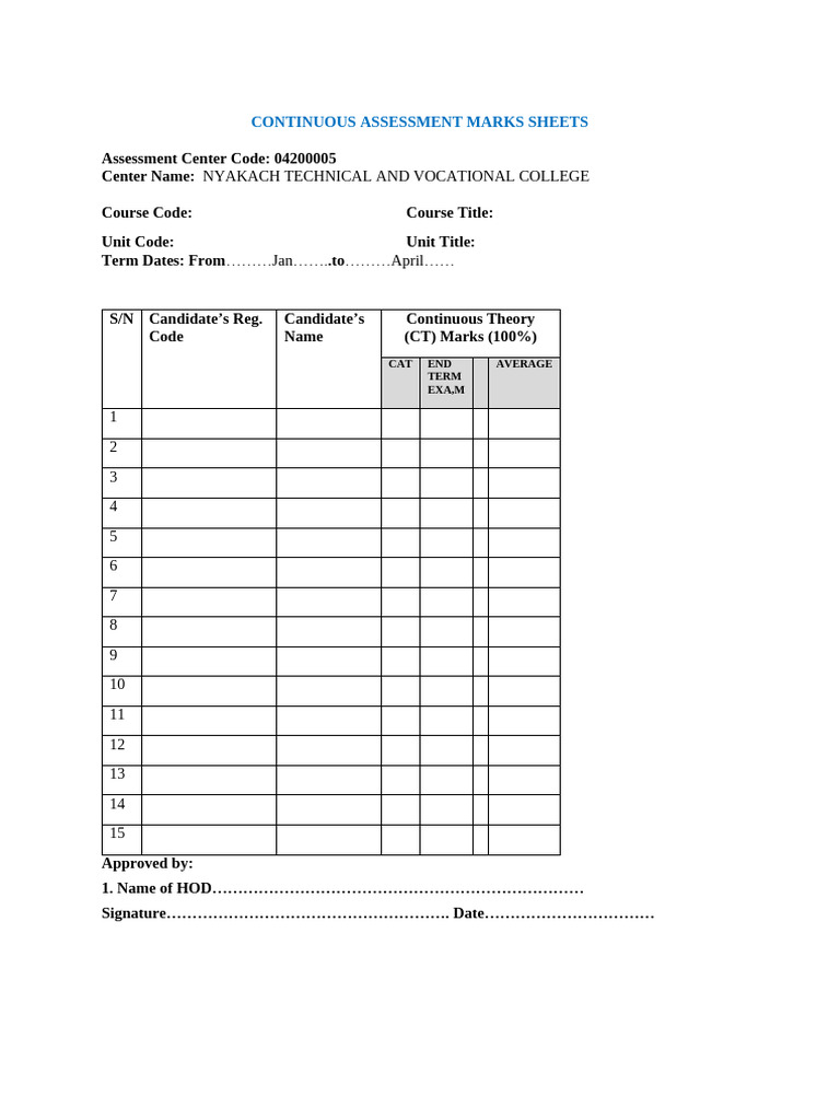 Continuous Assessment Marks Sheets Knec | PDF