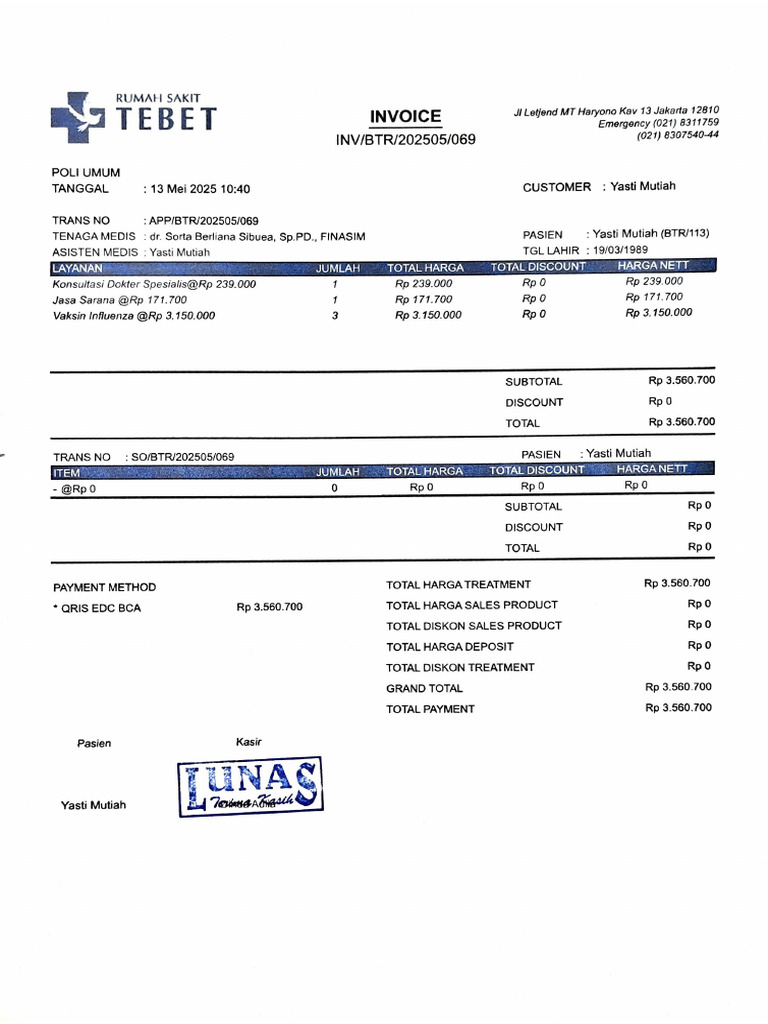 Claim Medical Yasti tgl.13 Mei 2025 | PDF