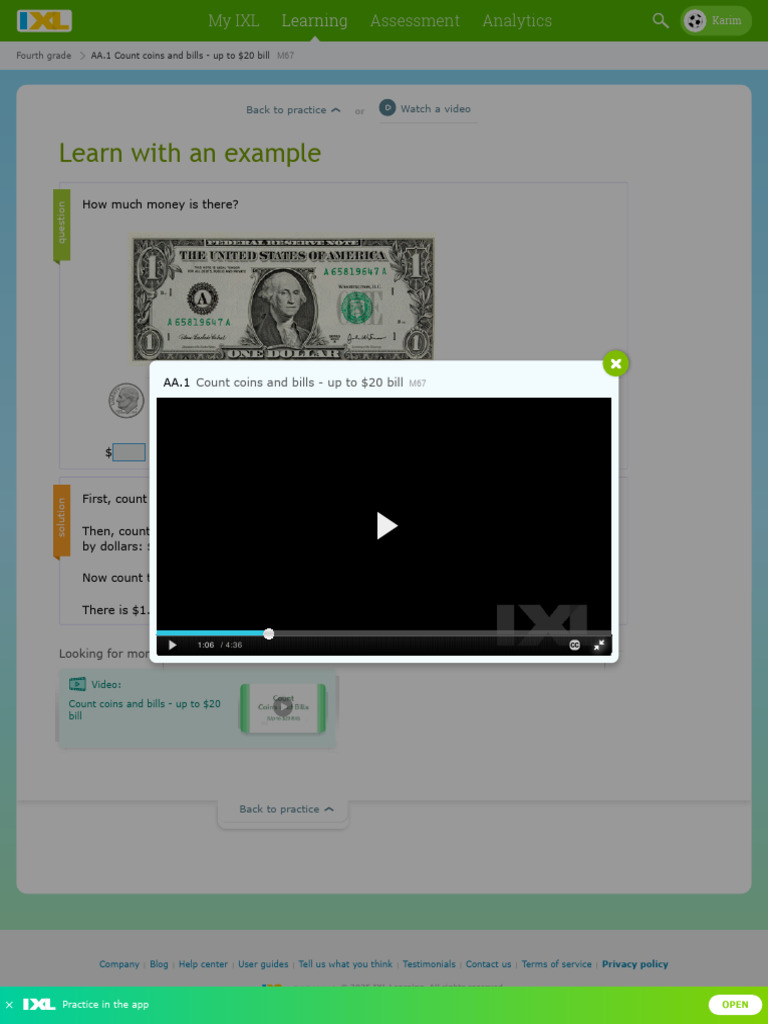IXL Count Coins and Bills - Up To $20 Bill 4th Grade Math | PDF