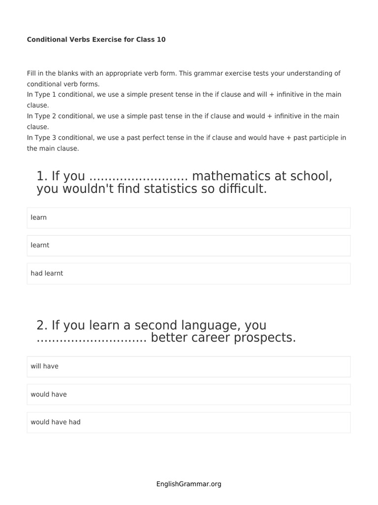 Conditional Verbs Exercise For Class 10 | PDF | Grammatical Tense | Verb