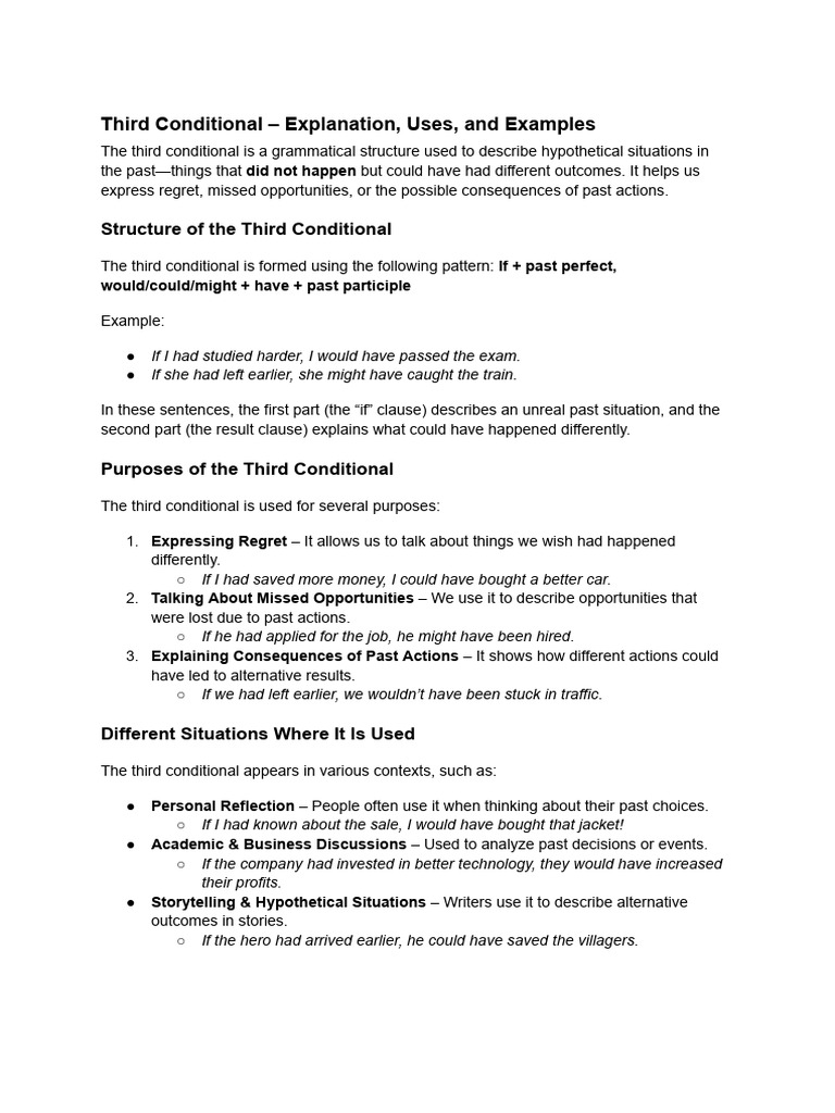 Third Conditional - Explanation, Uses, and Examples | PDF