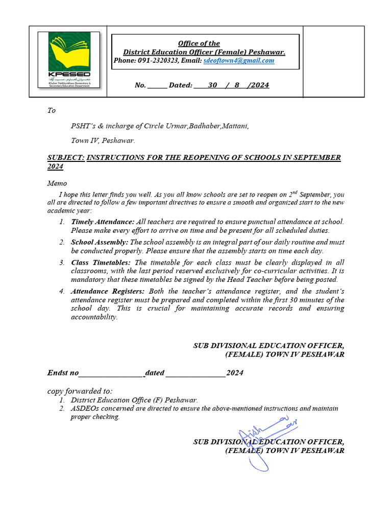 Instructions Regarding Reopening of Schools From September 2024 | PDF