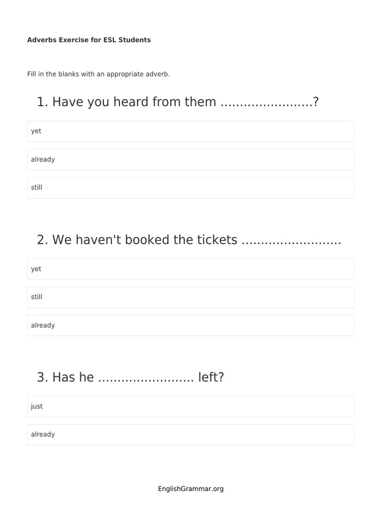 Adverbs Exercise For ESL Students | PDF