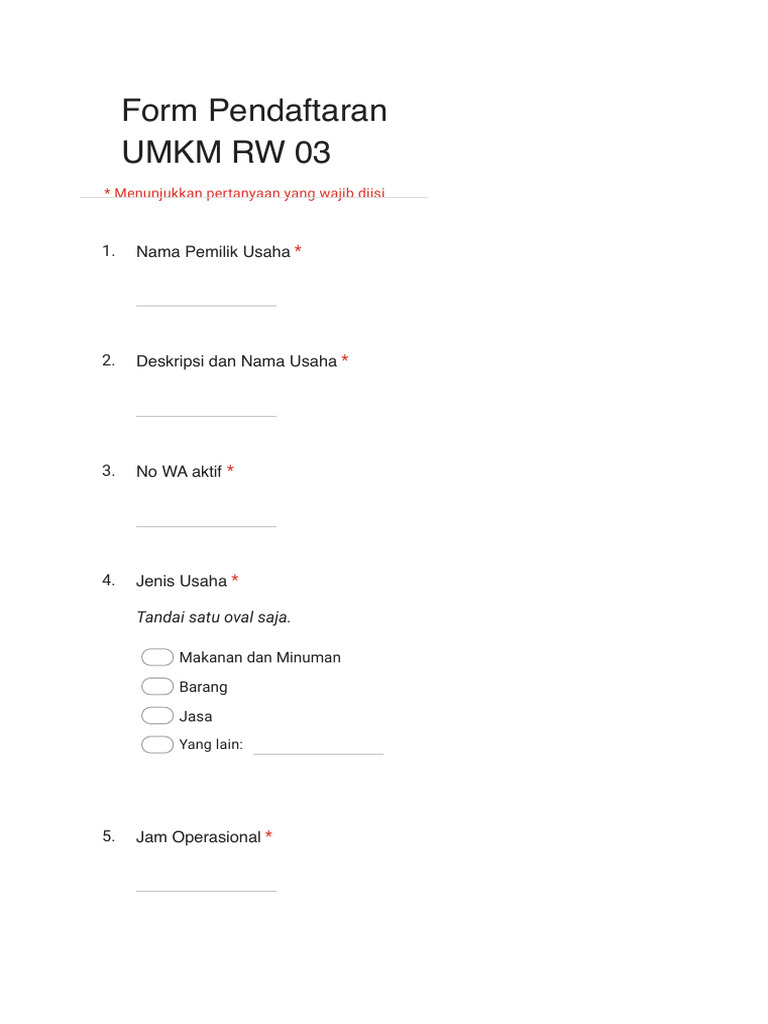 Form Pendaftaran UMKM RW 03 | PDF