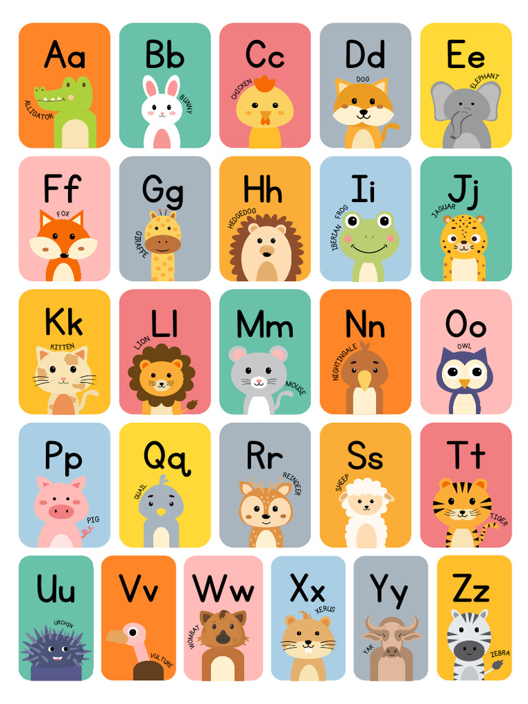 Alphabet Animals Document in Orange Pink Blue and Yellow Simple Cute ...