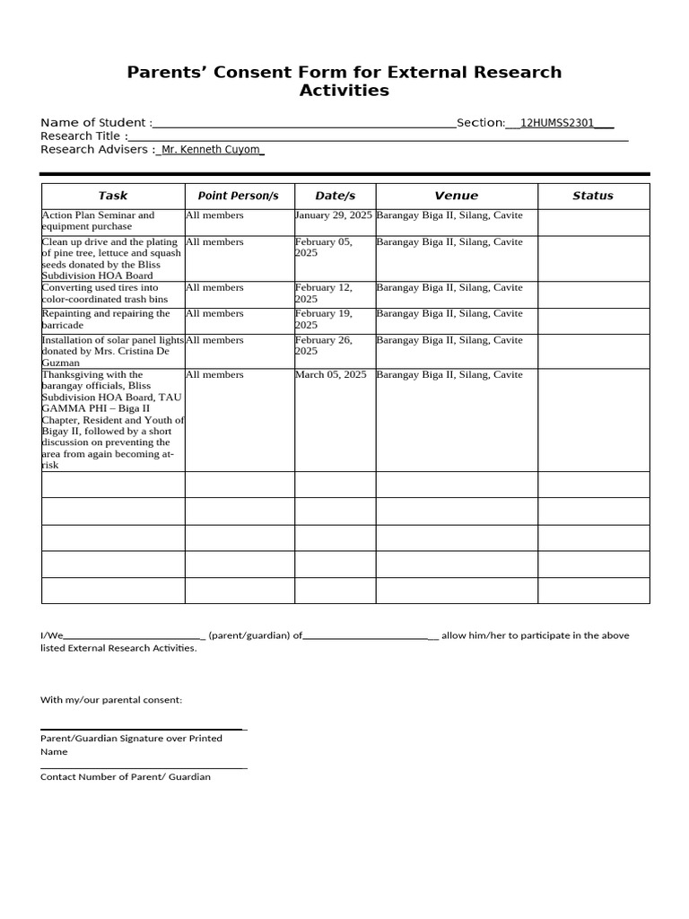 Parents Consent Form For External Research Activities | PDF