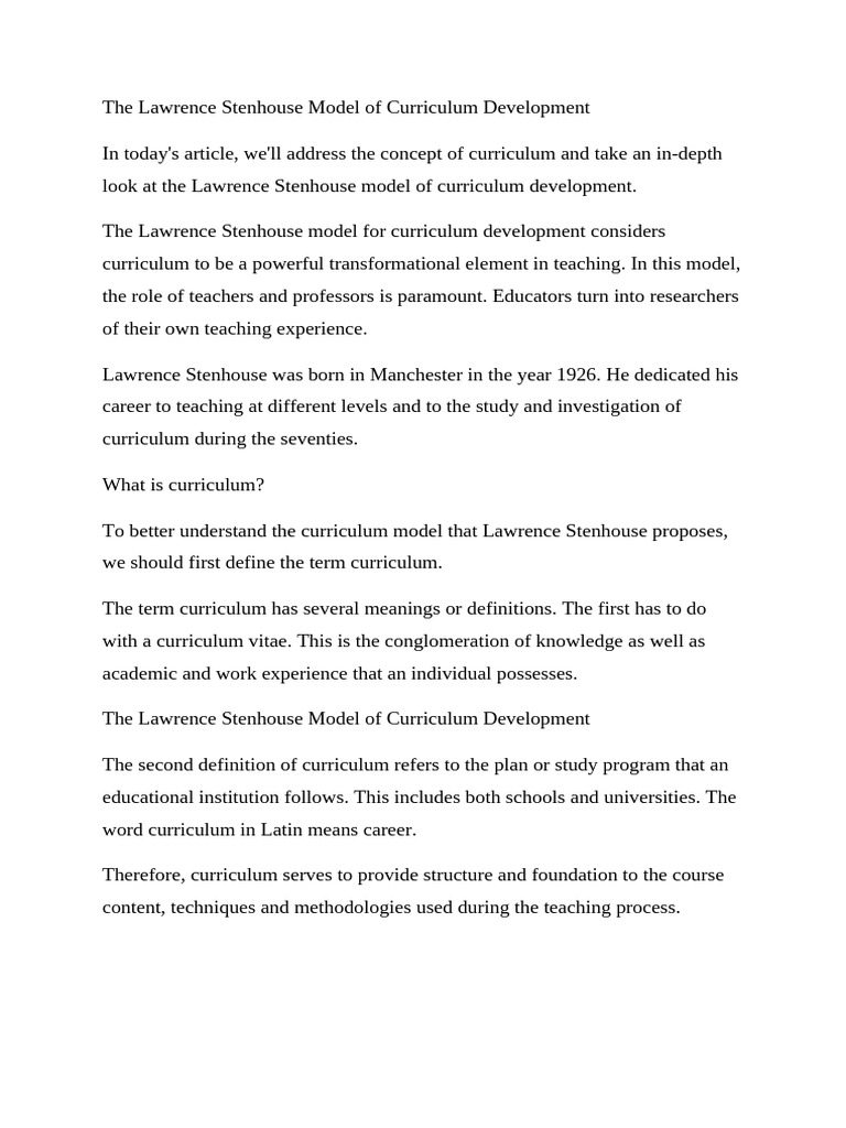 The Lawrence Stenhouse Model of Curriculum Development | PDF ...
