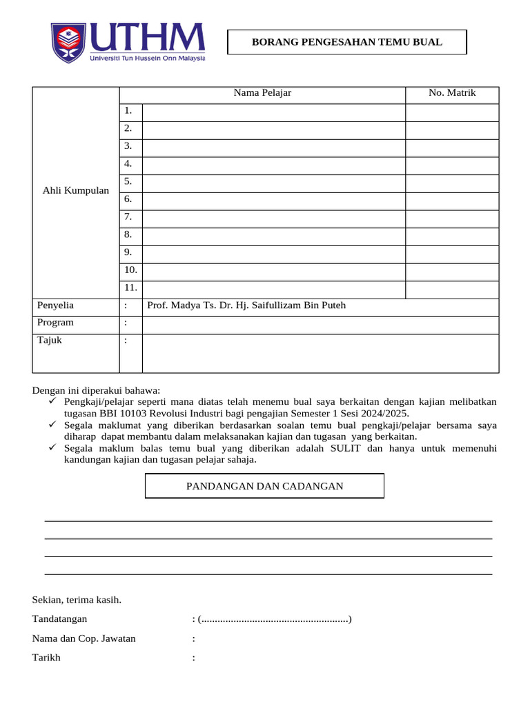 Borang Pengesahan Temu Bual | PDF