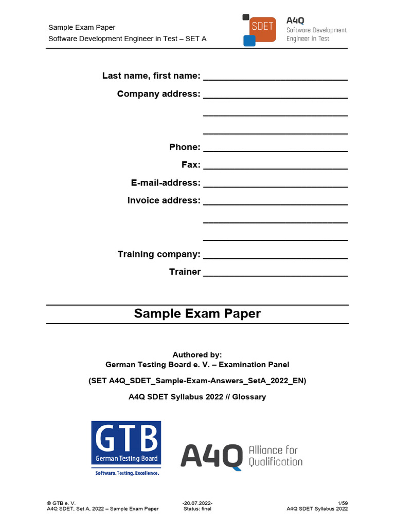 A4Q-SDET_Sample_Exam_Answers__EN_1 | PDF | Software Testing | Software