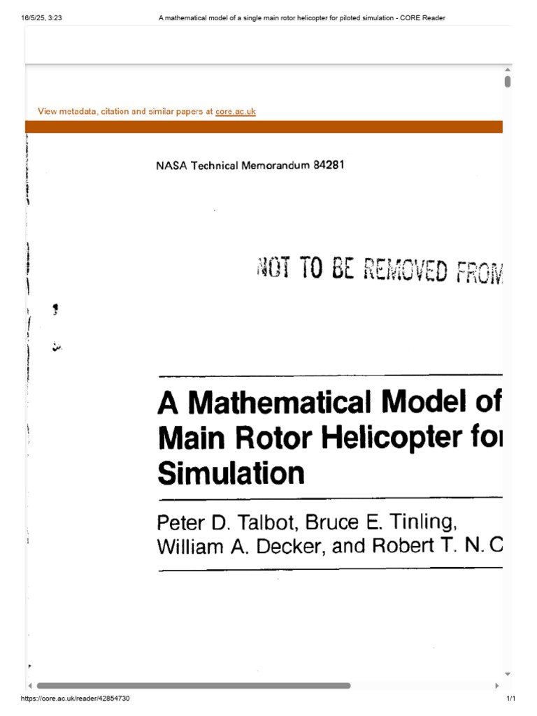 A Mathematical Model of A Single Main Rotor Helicopter For Piloted ...